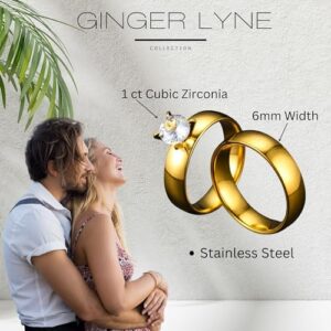 Kindall Wedding Ring Set for Women by Ginger Lyne | Stainless Steel Gold Solitaire Engagement Ring Matching Wedding Band 6mm Wide | Promise Ring for Her