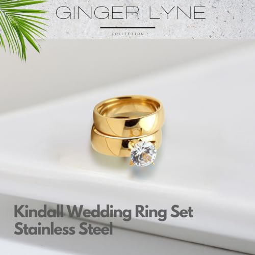 Kindall Wedding Ring Set for Women by Ginger Lyne | Stainless Steel Gold Solitaire Engagement Ring Matching Wedding Band 6mm Wide | Promise Ring for Her