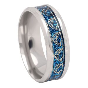 ginger lyne collection dolphins stainless steel comfort fit wedding band all ocassion ring gold color inlay on blue background ocean wave beach lovers rings men women