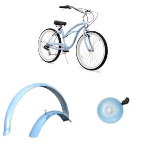 firmstrong urban lady 26" 3-speed beach cruiser bicycle, plus 26" fenders, plus classic bell, baby blue, bundle