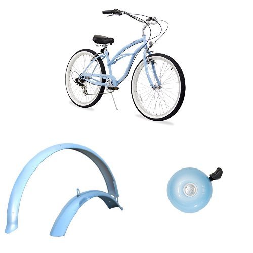 Firmstrong Urban Lady 26" 3-Speed Beach Cruiser Bicycle, plus 26" Fenders, plus Classic Bell, Baby Blue, Bundle