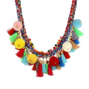 lureme bohemian handmade colorful braided with pom pom and tassels statement necklace collar (nl005628)