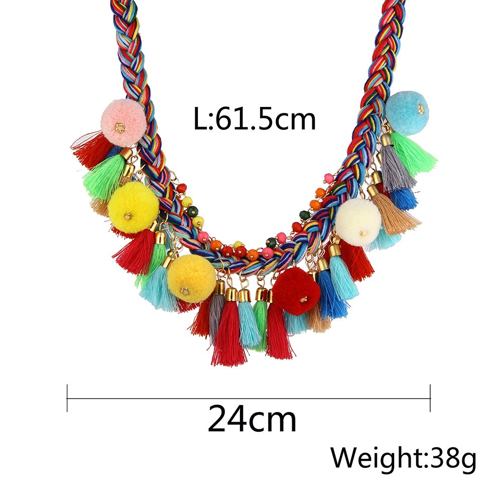 LUREME Bohemian Handmade Colorful Braided with Pom Pom and Tassels Statement Necklace Collar (nl005628)