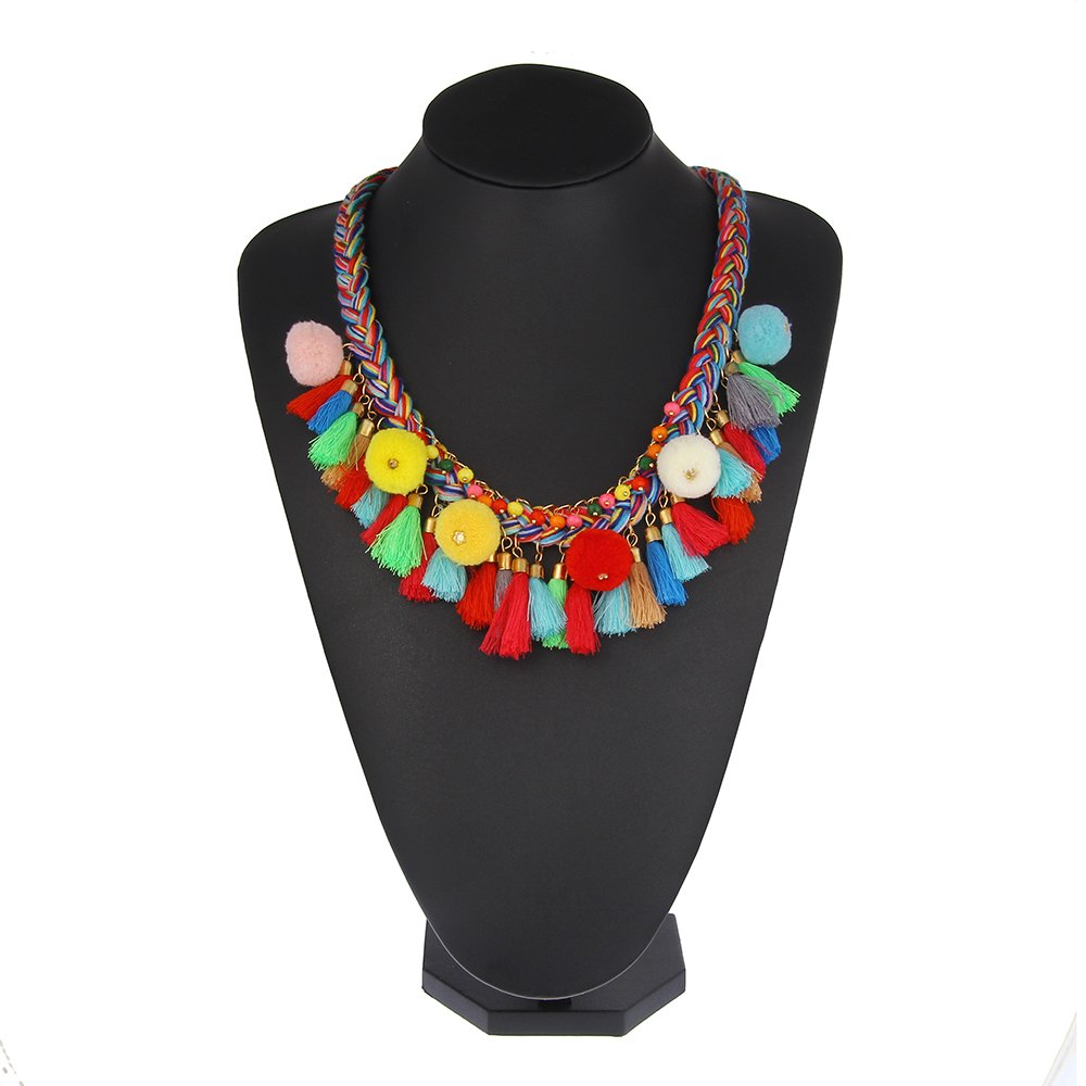 LUREME Bohemian Handmade Colorful Braided with Pom Pom and Tassels Statement Necklace Collar (nl005628)