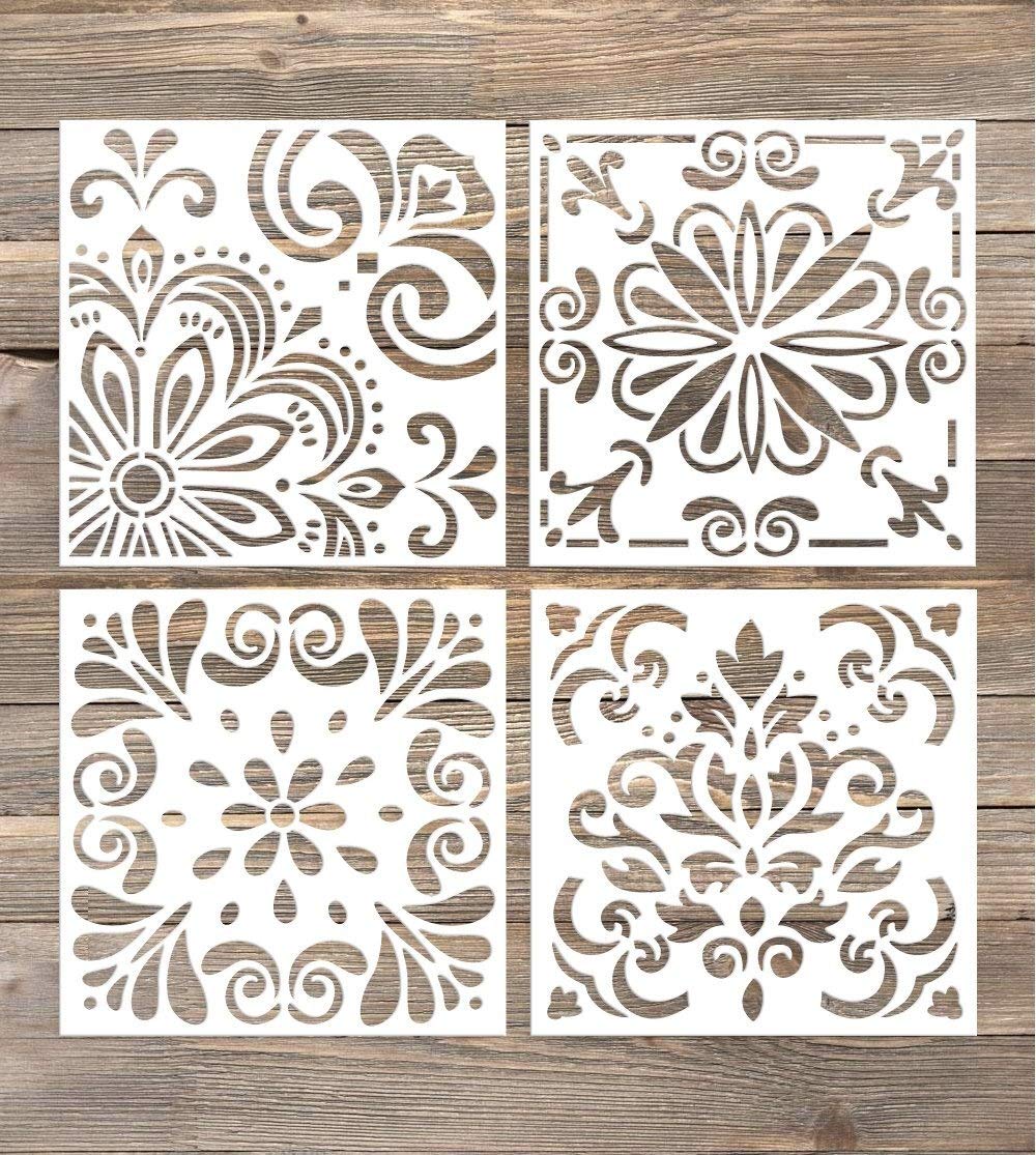 GSS Designs Pack of 4 Stencils Set (6x6 Inch) Laser Cut Painting Stencil Floor Wall Tile Fabric Wood Stencils -Reusable Template (SL-006)