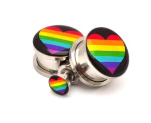 mystic metals body jewelry screw on plugs - rainbow heart picture plugs - sold as a pair (2g (6mm))