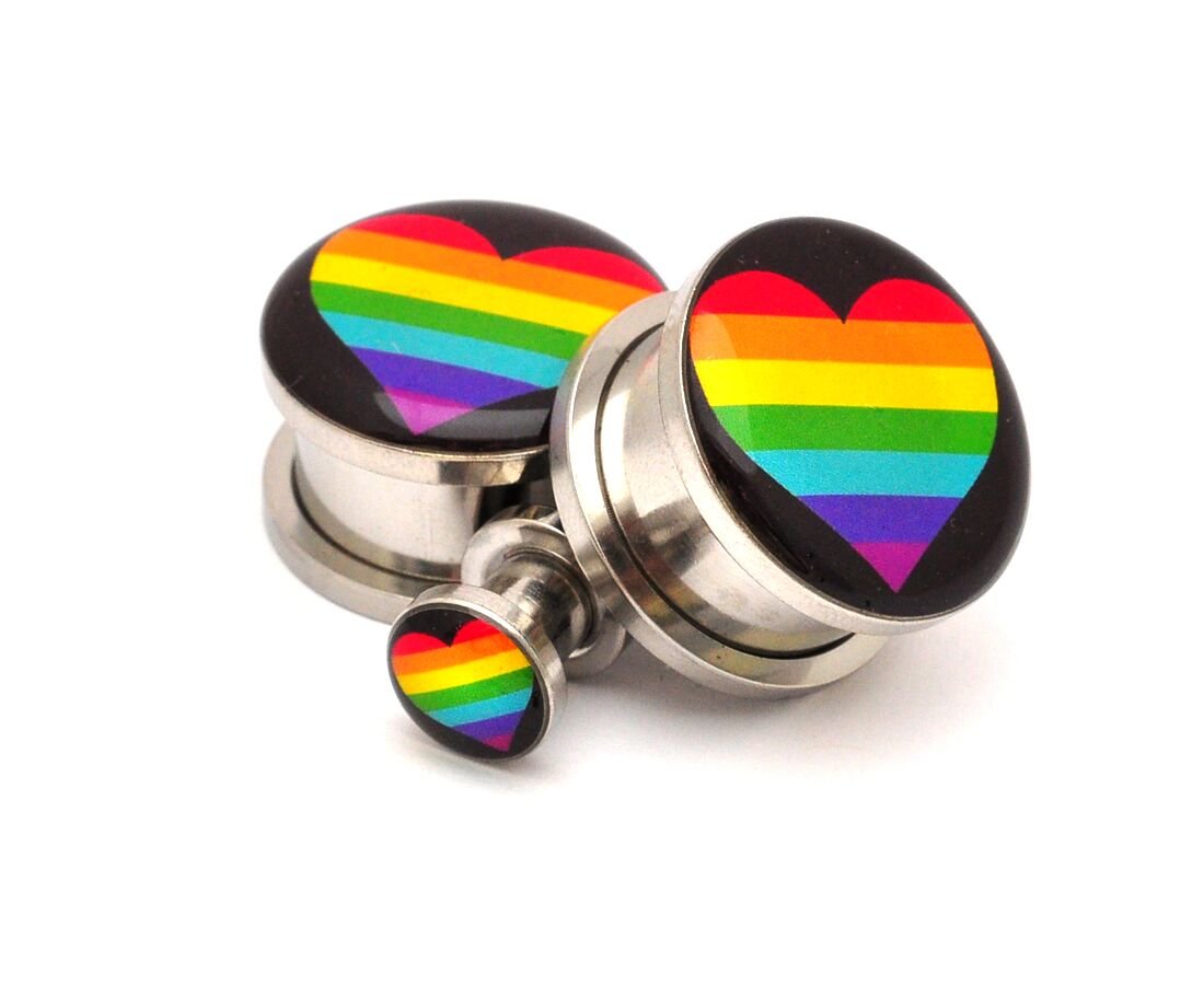 Mystic Metals Body Jewelry Screw on Plugs - Rainbow Heart Picture Plugs - Sold As a Pair (2g (6mm))