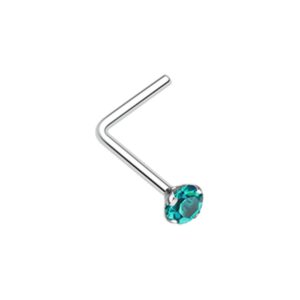 freedom fashion prong set gem top l-shaped 316l surgical steel nose stud ring (sold individually) (20 ga, 7mm, ball 2mm, teal)