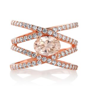 Gem Stone King 18K Rose Gold Plated Silver Peach Morganite Criss Cross Ring For Women (1.93 Cttw, Oval 8X6MM, Available in size 5, 6, 7, 8, 9)