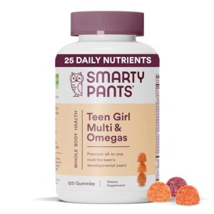 smartypants teen girl multivitamin gummies: omega 3 fish oil (epa/dha), vitamin c, d3, b12, vitamin a, k & zinc, gluten free, includes biotin to support hair, skin & nails, 120 count (30 day supply)