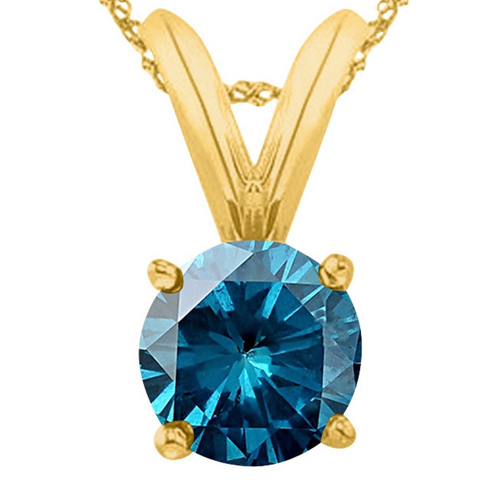 1/2 0.5 Carat 14K White Gold Round Blue Diamond 4 Prong Solitaire Pendant Necklace (AAA Quality) W/ 16" Gold Chain