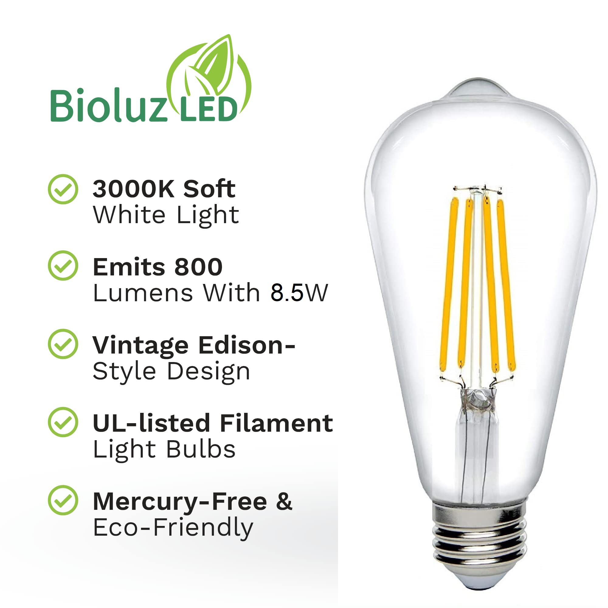 Bioluz LED 92 CRI Dimmable Edison Light Bulbs 800 Lumen Soft White 3000K 60W Replacement ST64 / ST19 / ST58 8.5W E26 Standard Base Title 20 High Efficacy Lighting 6-Pack