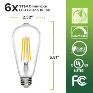 Bioluz LED 92 CRI Dimmable Edison Light Bulbs 800 Lumen Soft White 3000K 60W Replacement ST64 / ST19 / ST58 8.5W E26 Standard Base Title 20 High Efficacy Lighting 6-Pack