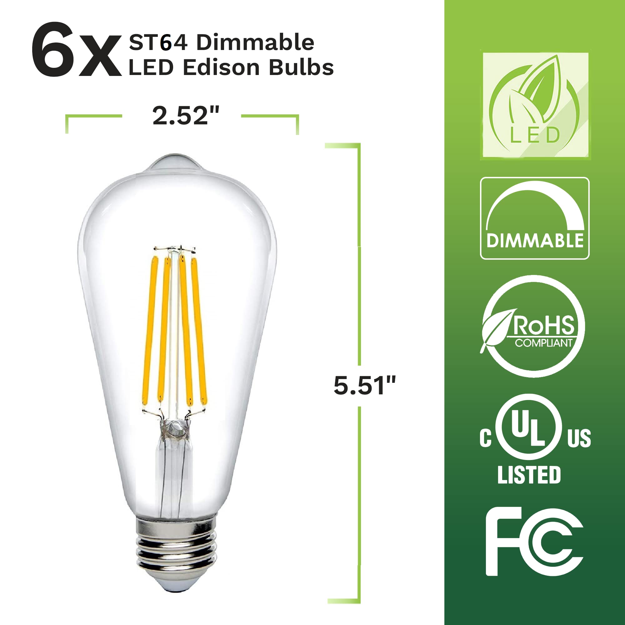 Bioluz LED 92 CRI Dimmable Edison Light Bulbs 800 Lumen Soft White 3000K 60W Replacement ST64 / ST19 / ST58 8.5W E26 Standard Base Title 20 High Efficacy Lighting 6-Pack