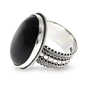 novica artisan handmade onyx cocktail ring indonesian silver sterling black white modern birthstone balinese traditional 'oracle'