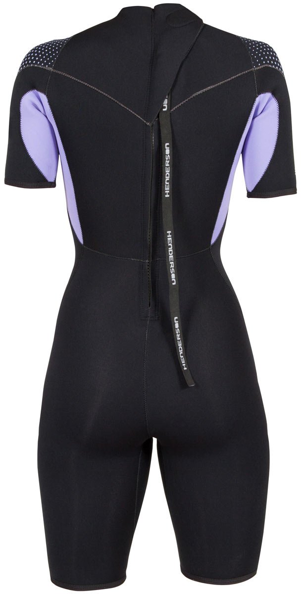 Henderson Women's 3mm Thermoprene Pro Back Zip Shorty Wetsuit, Black/Lavander, 8