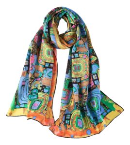 yangtze store women's long charmeuse silk scarf classic art print (turquoise)