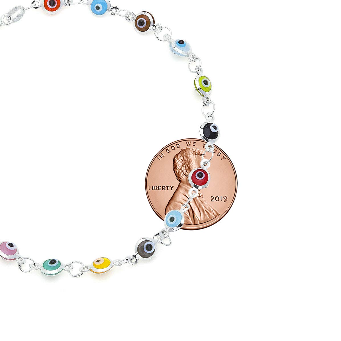 D Jewelry Tiny Beads 4.8mm Multi-Colored Guardian Small Eyes on 925 Sterling Silver Bracelet 7.5" Long