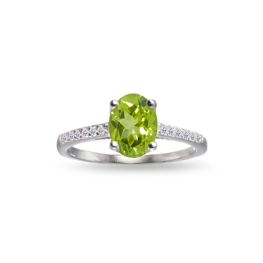 GemStar USA Sterling Silver Peridot and White Topaz Oval Crown Ring, Size 10