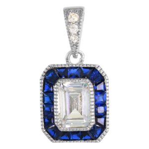 sterling silver art deco pendant emerald cut cz 7mm synthetic blue sapphire, no chain