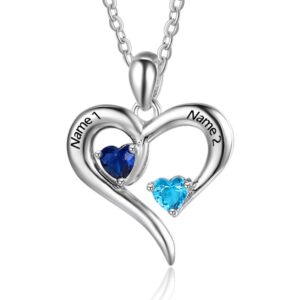 zomodia sterling silver personalized 2 names necklace with 2 heart simulated birthstone couple pendant necklace for women (silver#2)