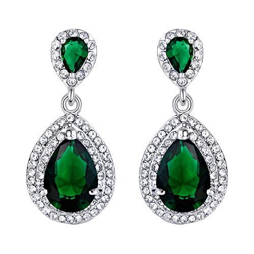 EVER FAITH Women's Austrian Crystal Cubic Zirconia Tear Drop Dangle Earrings Emerald Color Silver-Tone