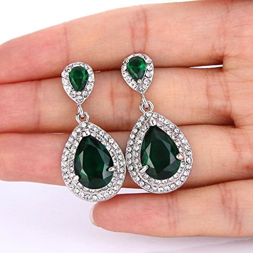 EVER FAITH Women's Austrian Crystal Cubic Zirconia Tear Drop Dangle Earrings Emerald Color Silver-Tone