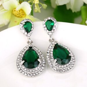 EVER FAITH Women's Austrian Crystal Cubic Zirconia Tear Drop Dangle Earrings Emerald Color Silver-Tone