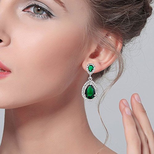 EVER FAITH Women's Austrian Crystal Cubic Zirconia Tear Drop Dangle Earrings Emerald Color Silver-Tone