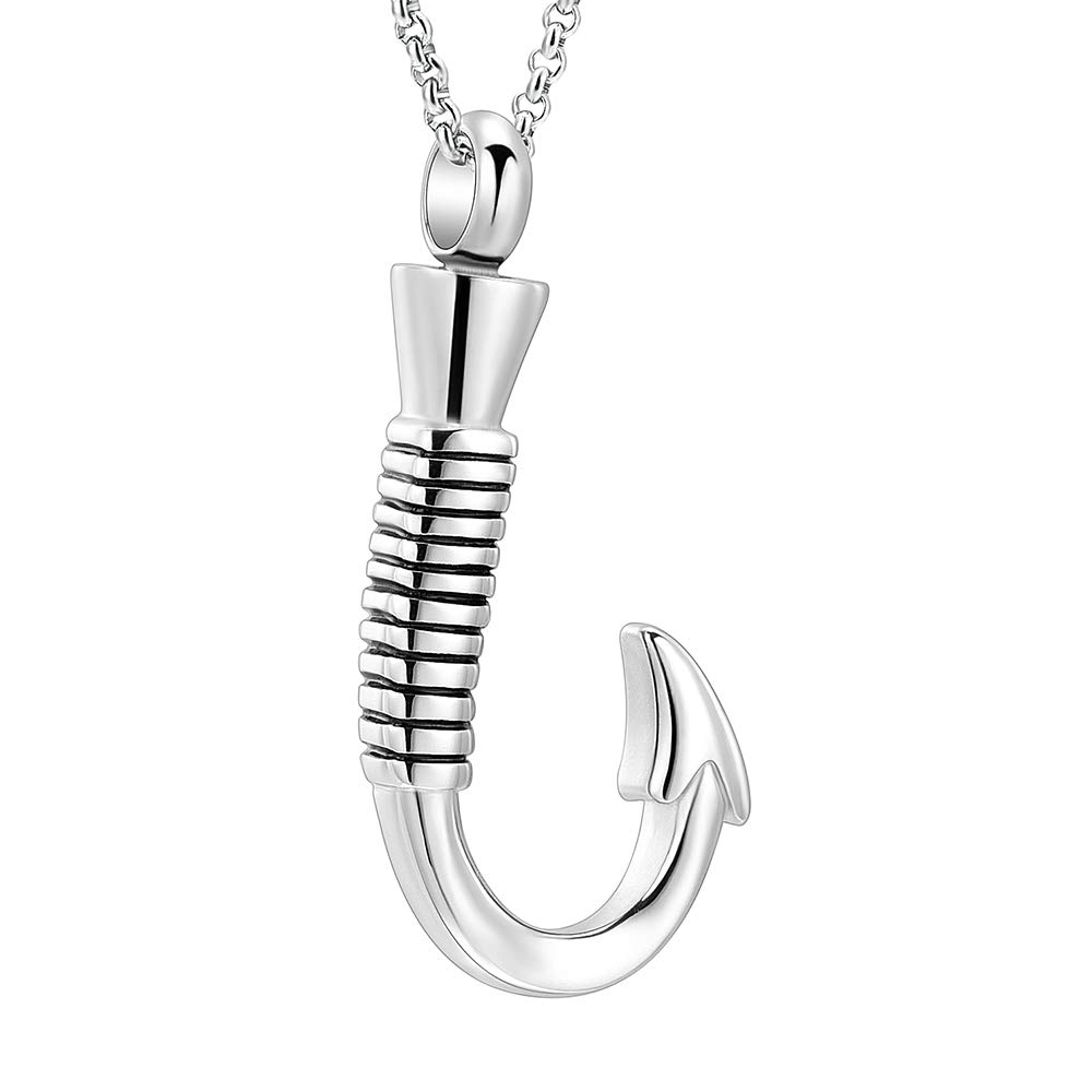 Hearbeingt Fish Hook Cremation Jewelry for Ashes, Memorial Urn Necklace for Human Pet Stainless Steel Keepsake Pendant for Men Women(Silver)