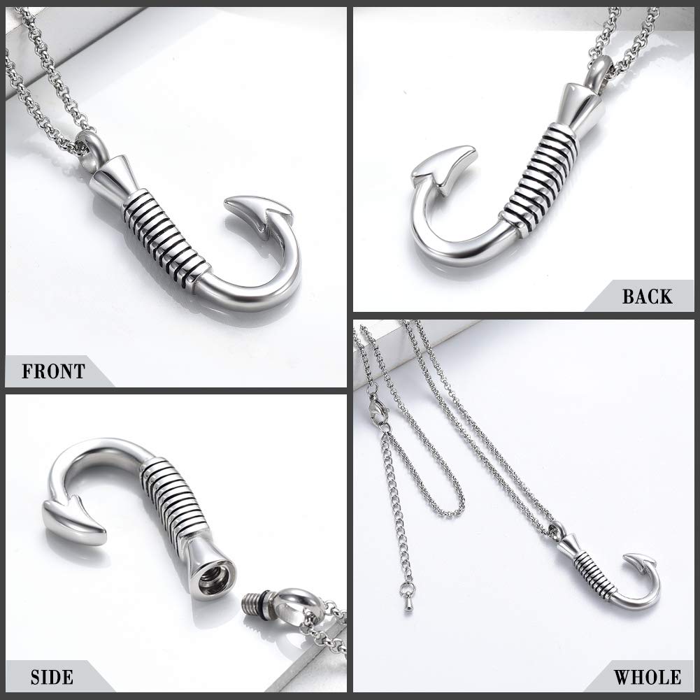 Hearbeingt Fish Hook Cremation Jewelry for Ashes, Memorial Urn Necklace for Human Pet Stainless Steel Keepsake Pendant for Men Women(Silver)