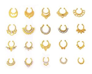 honbay 20pcs fake septum clicker nose ring rhinestone non piercing hanger clip body jewelry (gold)