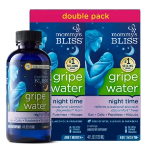 mommy's bliss gripe water night time, relieves stomach discomfort from gas, colic, fussiness, & hiccups, gentle & safe, for infants age 1 month+, 4 fl oz (pack of 2)