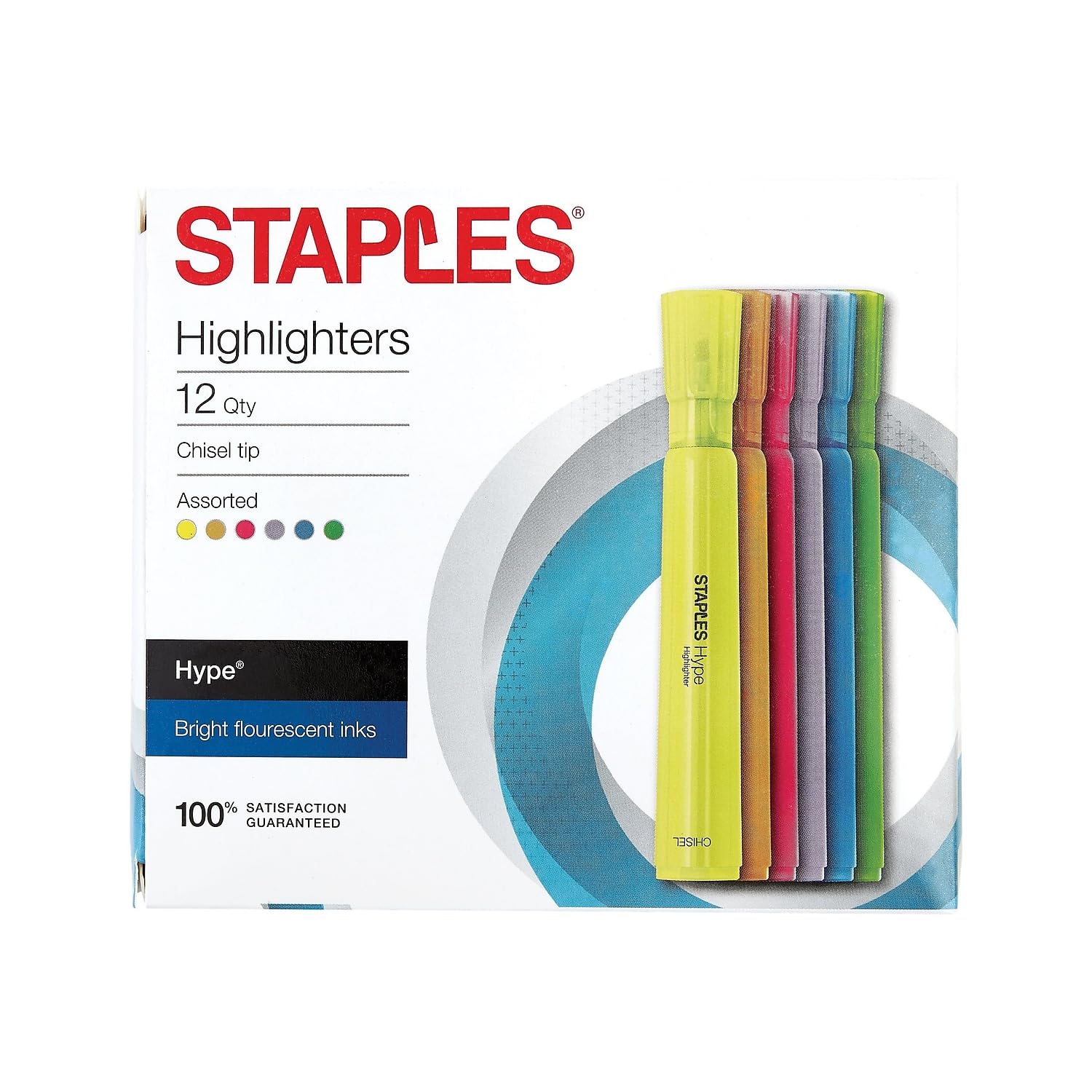 Staples 2072175 Hype Tank Highlighters Chisel Assorted 12/Pk (29204)