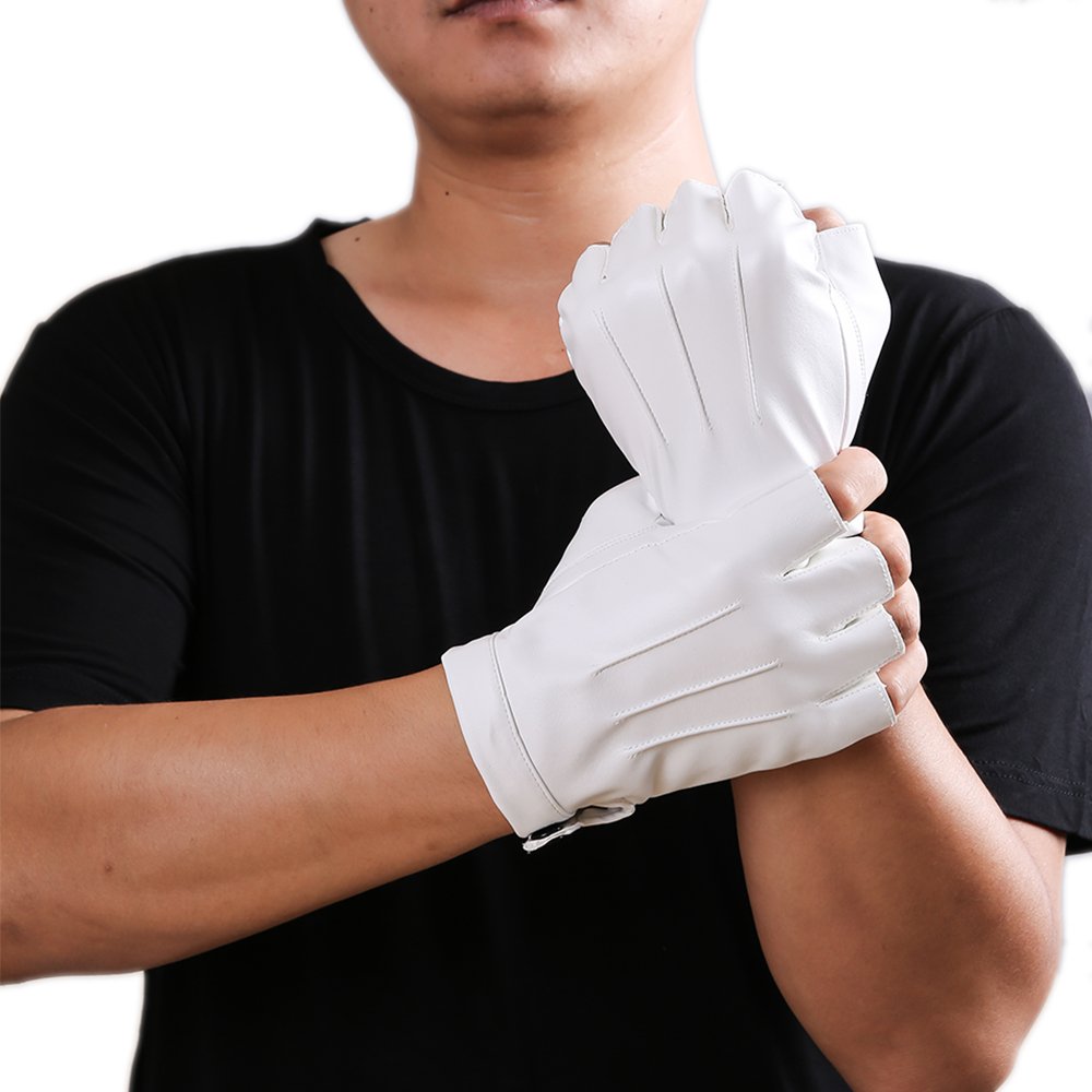 JISEN Men PU Leather Punk Half Finger Snap Performance Gloves White