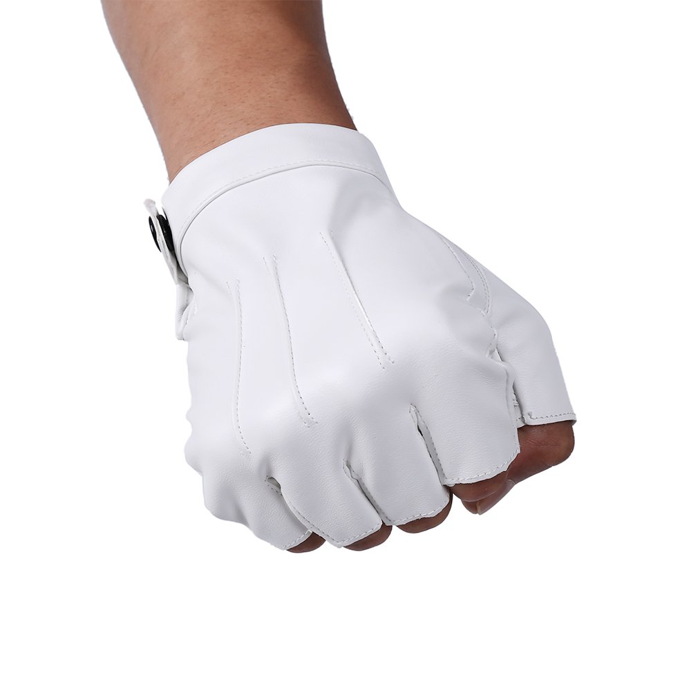 JISEN Men PU Leather Punk Half Finger Snap Performance Gloves White