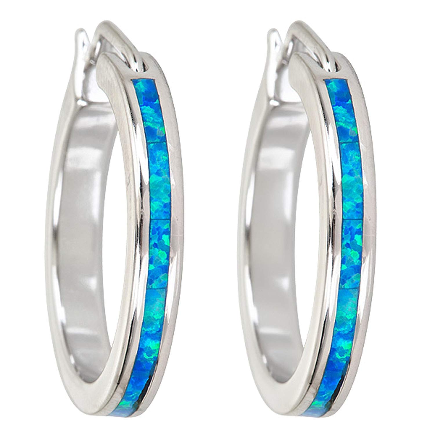 DECADENCE Sterling Silver Rhodium 4x20mm Created Opal Hoop