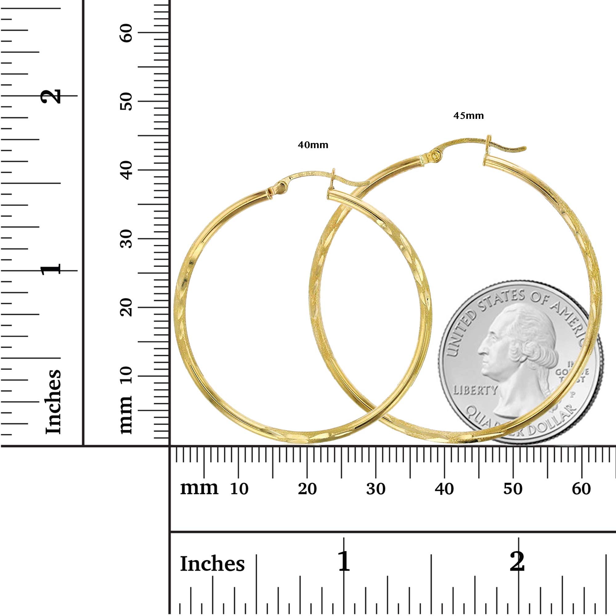 14k Yellow Gold Solid Polished Diamond Cut Hoop Earrings for Women | 2mm Thick | Classic Style | Diamond Cut Hoop Earrings | Secure Click-Top | Shiny Polished Earrings for Women, 2x45mm