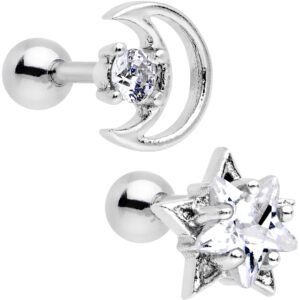 body candy steel moon and star tragus cartilage earring set of 2 16 gauge 1/4" (white)