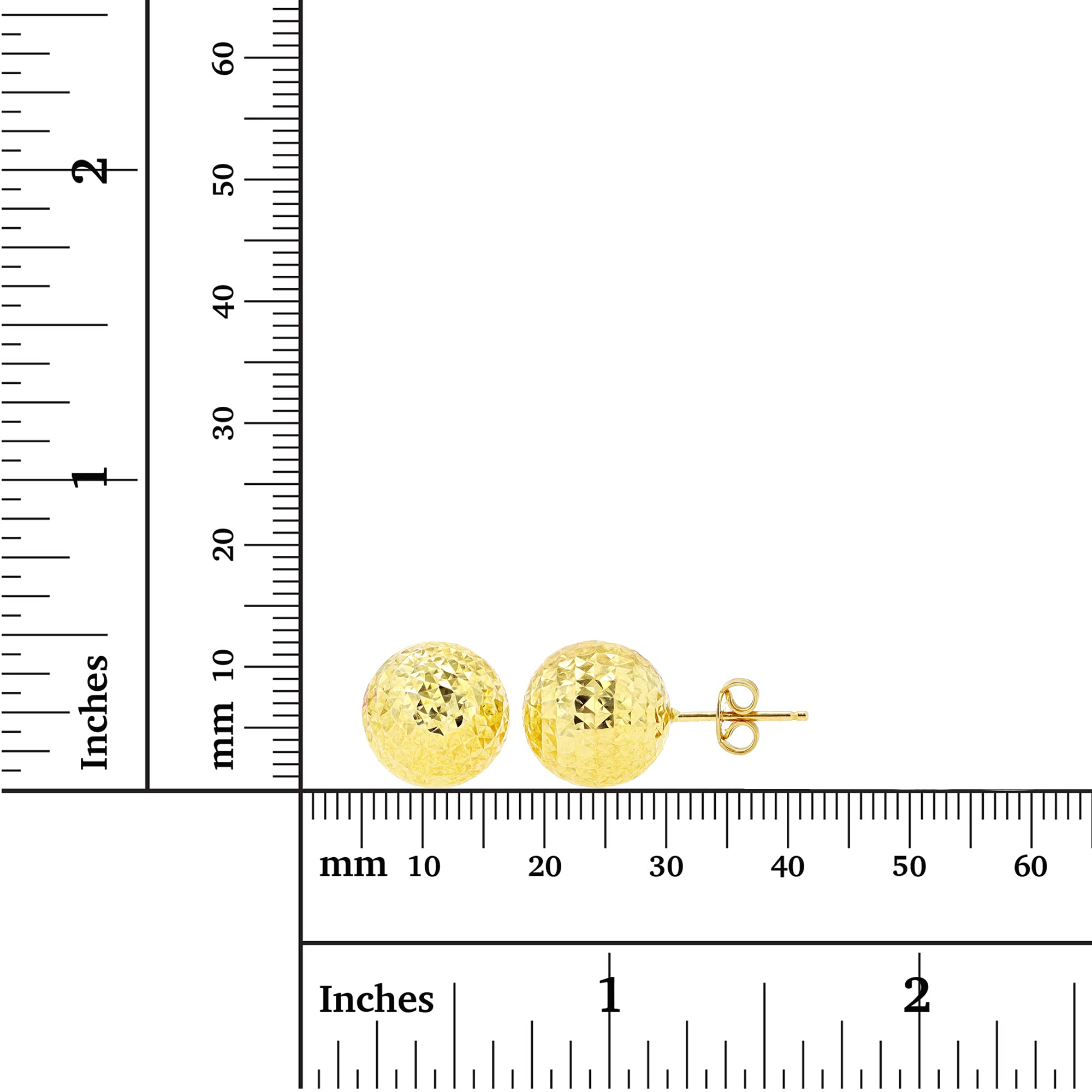 Solid 14K Yellow Gold Diamond Cut Ball Stud Earrings With 14K Gold Backs, 12mm