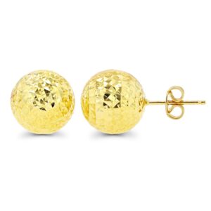 Solid 14K Yellow Gold Diamond Cut Ball Stud Earrings With 14K Gold Backs, 12mm