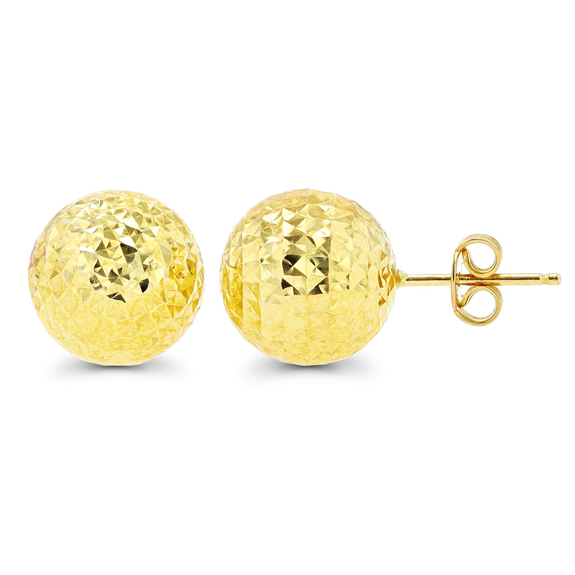 Solid 14K Yellow Gold Diamond Cut Ball Stud Earrings With 14K Gold Backs, 12mm