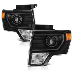 vipmotoz projector headlight assembly for 2009-2014 ford f150 (factory halogen model) - matte black housing, driver and passenger side