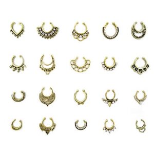 honbay 20pcs fake septum clicker nose ring rhinestone non piercing hanger clip body jewelry (bronze)