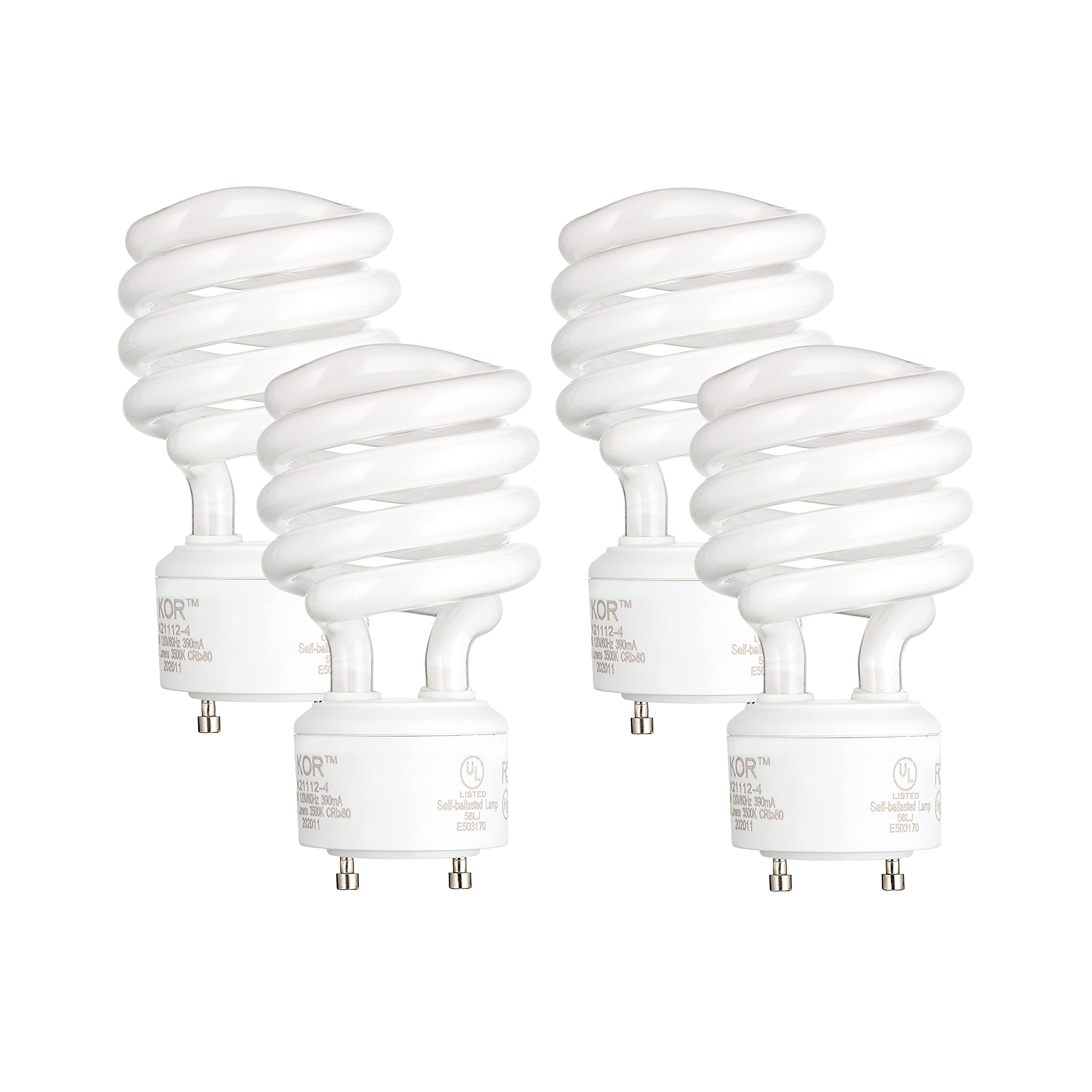 KOR (Pack of 4) 23 Watt Mini Spiral - GU24 Base - (100W Equivalent) - T2 Mini-Twist - CFL Light Bulb (Bright White (5000K))