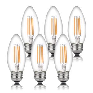 bioluz led 93 cri medium base candelabra dimmable filament clear 60 watt led bulbs (uses only 5 watts) e26 base c37 led filament candle bulbs title 20 6-pack