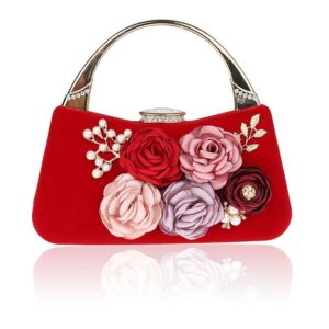 women flower evening bag clutch purse metal frame large wedding red vintage purse carved handle handbag for party cocktail