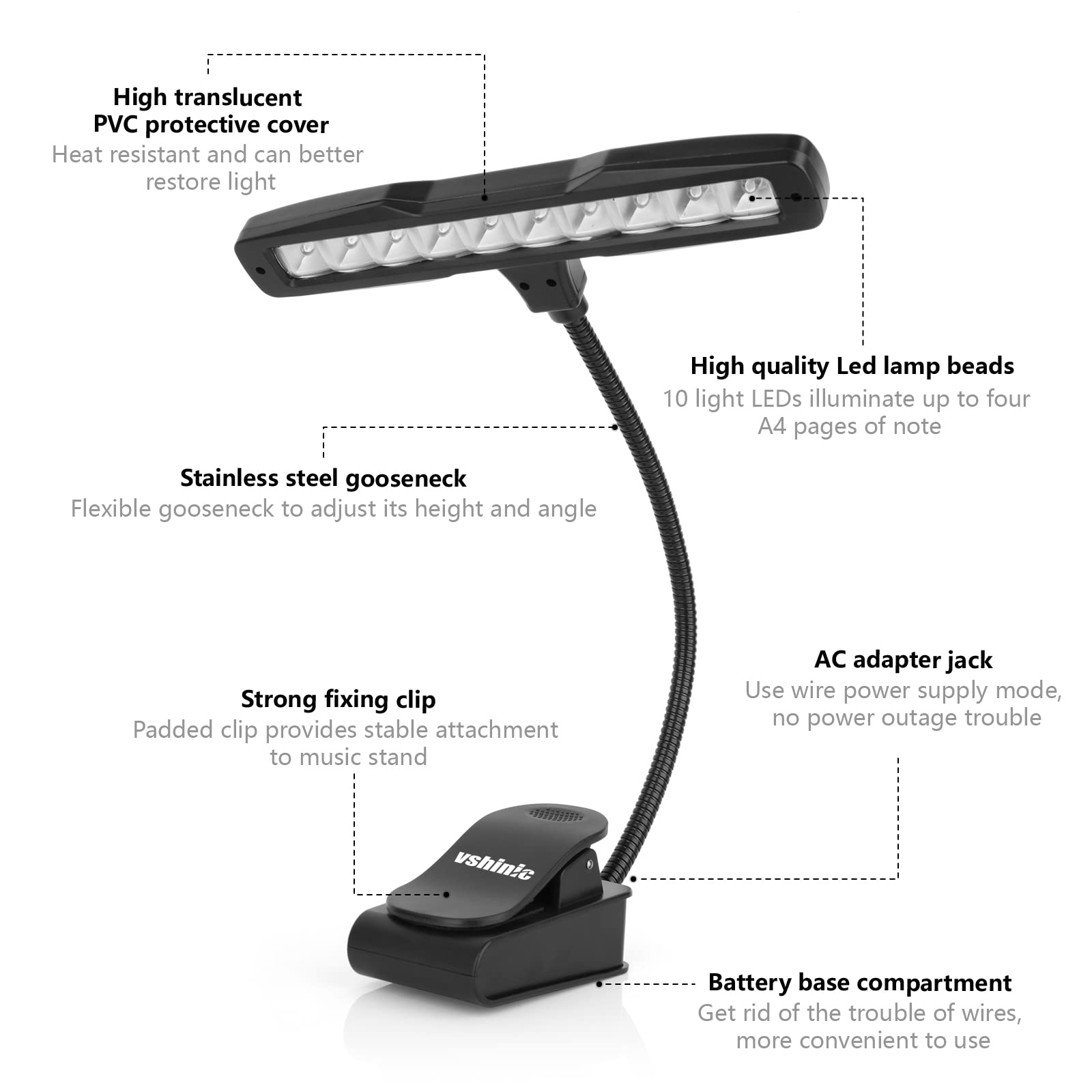 Vshinic Music Stand Light,Clip On Piano Lights 10 LED Orchestra Light,Fully Adjustable No Flicker for Piano,Book Reading, Mixing Table, DJ, Craft Work (Powered by AA Batteries, AC Adapter)