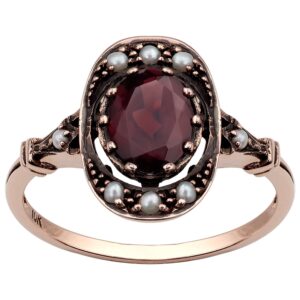 10k rose gold vintage style genuine oval garnet and cultured-pearl ring