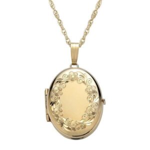 women's & ladies 14k (karat) yellow gold-filled engraved oval four picture locket, gold-filled locket features flower engraved details & opens to reveal four pictures, 18" inch yellow gold rope chain